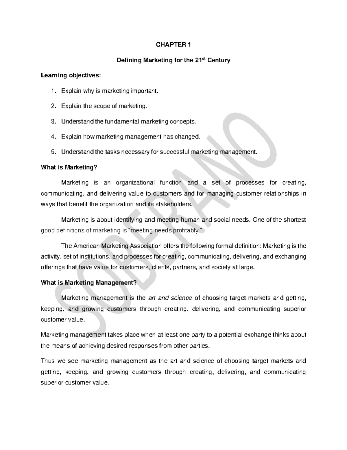 Chapter 1: Introduction to Marketing Management Concepts - Studocu
