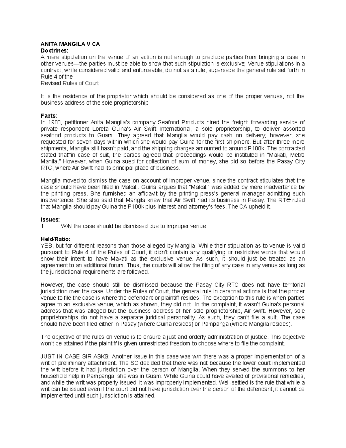 256884055 Anita Mangila v CA - ANITA MANGILA V CA Doctrines: A mere stipulation on the venue of ...