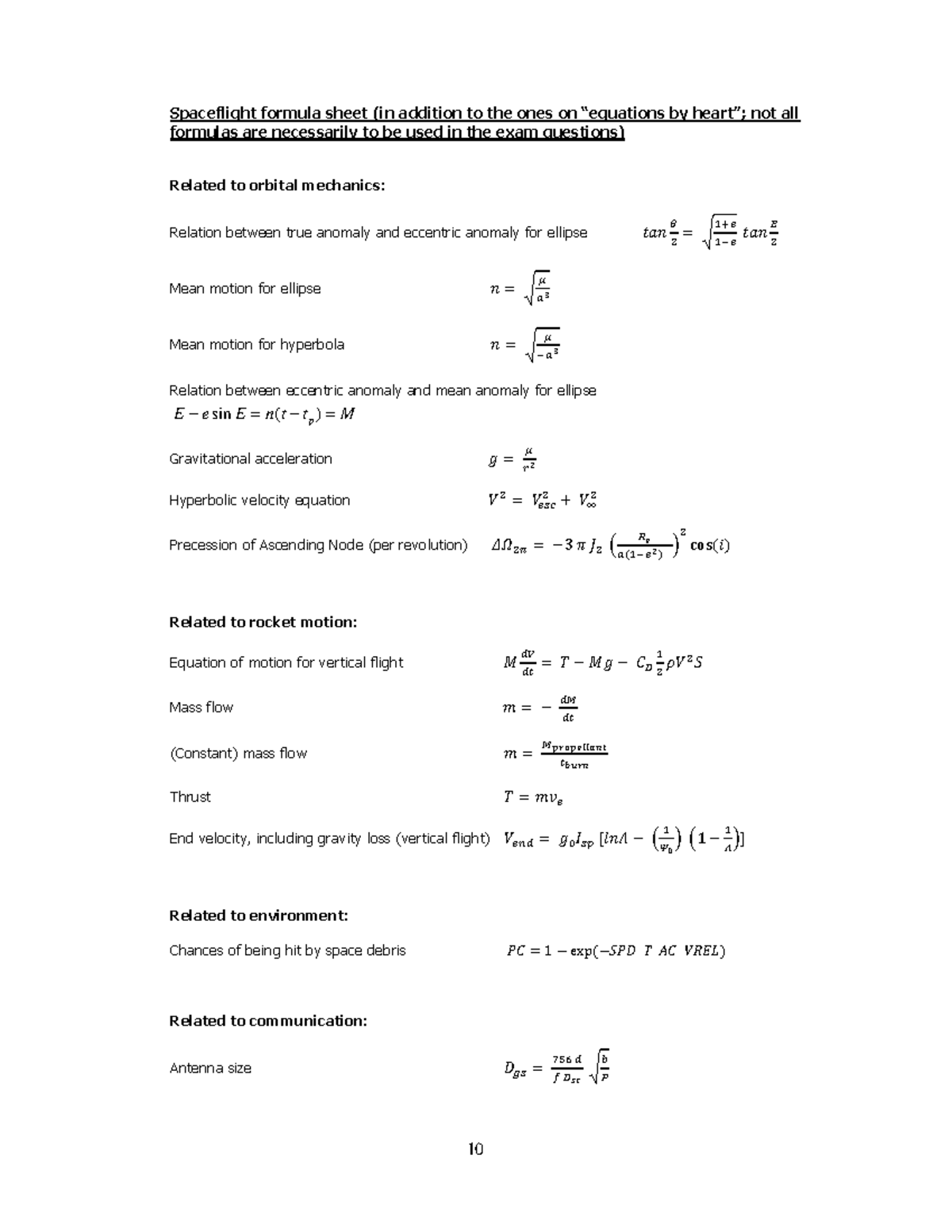 Spaceflight Formula Sheet: Orbital Mechanics & Rocket Motion - Studeersnel