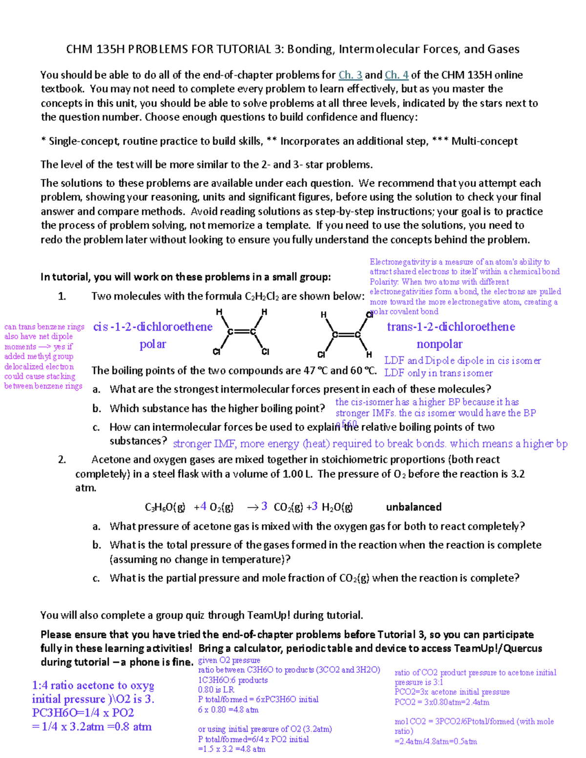 CHM 135H Tutorial 3 Problems: Bonding & Intermolecular Forces - Studocu