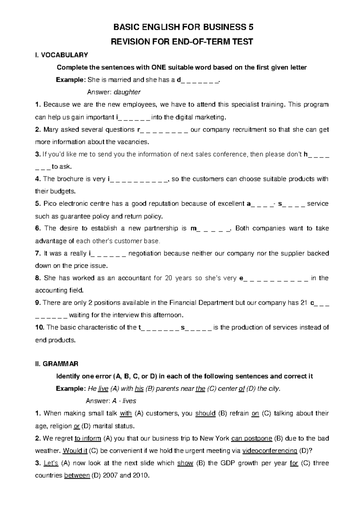 BASIC ENGLISH FOR BUSINESS 5: REVISION FOR TEST I & II - Studocu