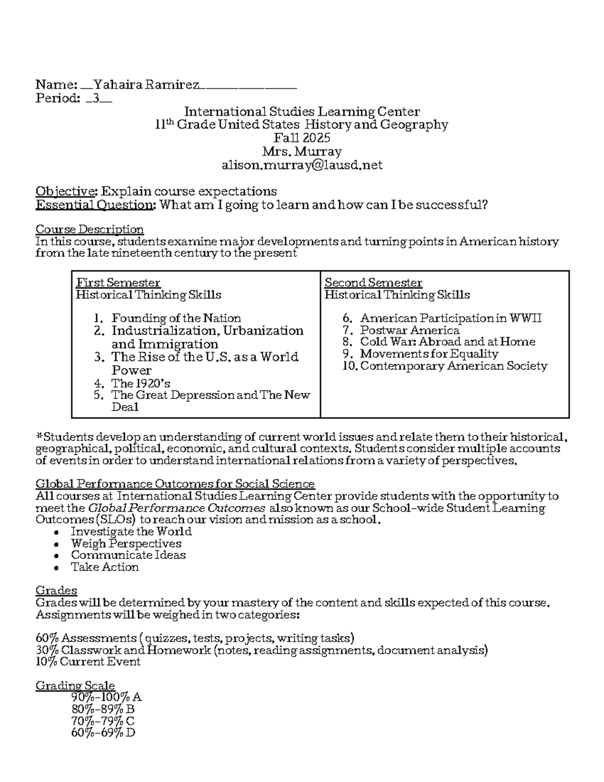 11th Grade US History Syllabus (INTL ST 11) - Fall 2025 - Studocu