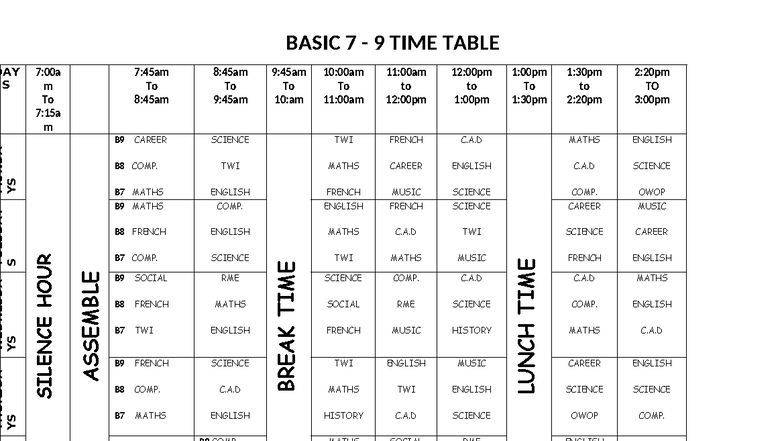 BASIC 7-9 TIMETABLE: CLASS SCHEDULE & ACTIVITIES - Studocu