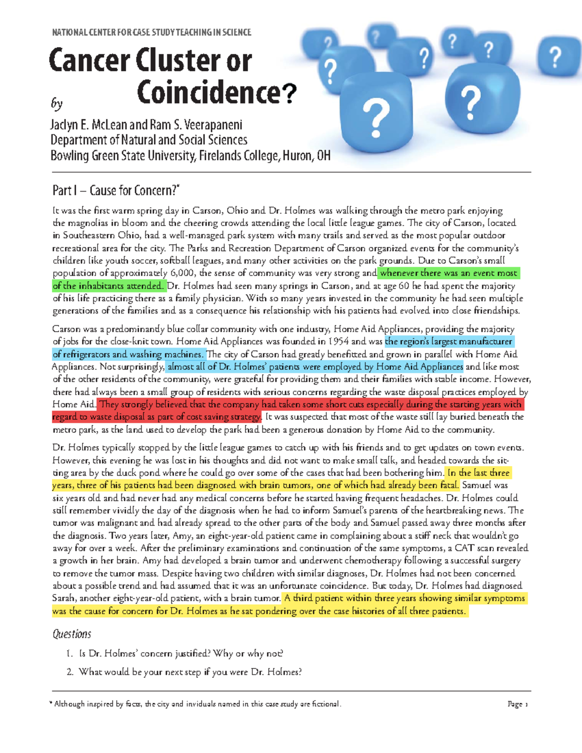 Cancer cluster case study - Cancer Cluster or by Coincidence Jaclyn E ...