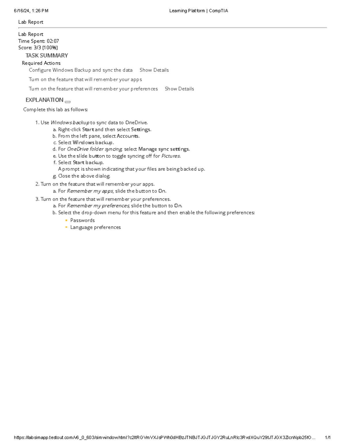 CompTIA Lab Report: 9.3.6 - Configuring Windows Backup and Sync - Studocu