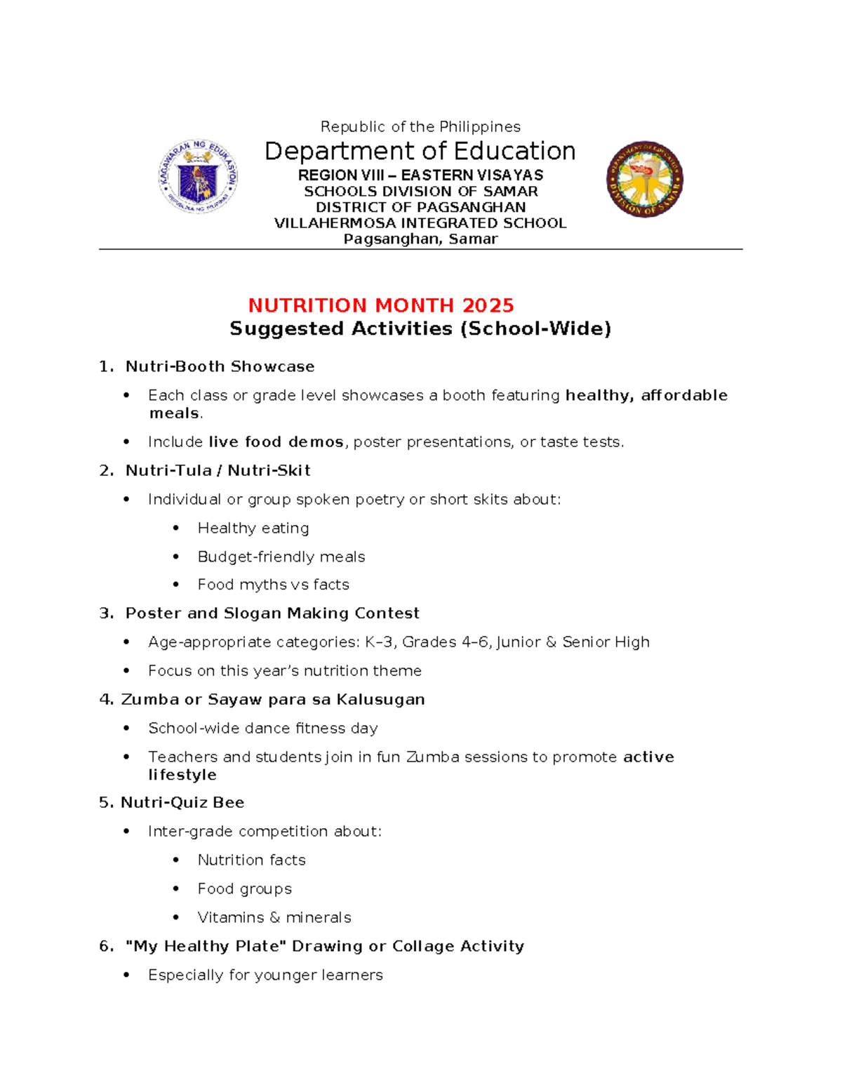 NUTRITION MONTH 2025 Activities - Pagsanghan Integrated School - Studocu