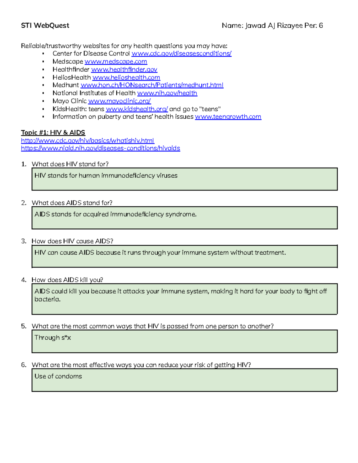 Wedge STI WebQuest: Understanding HIV/AIDS and Prevention Strategies ...