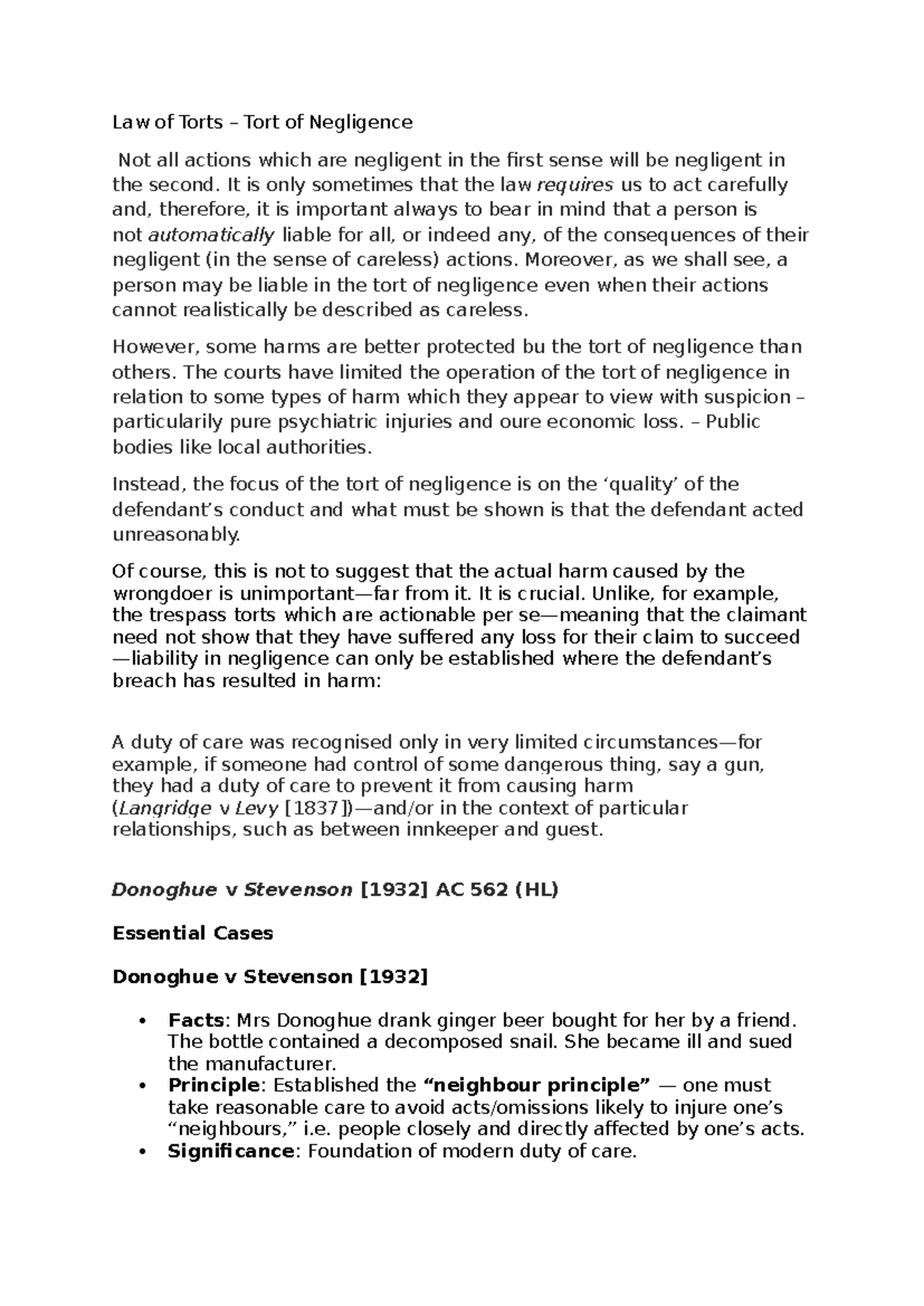 Tort of Negligence - Lecture Notes on Key Principles and Cases - Studocu
