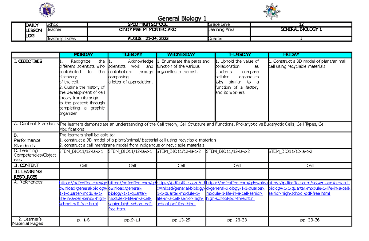 GEN BIO 1 Daily Lesson Log: Week of August 21-24, 2023 - Studocu