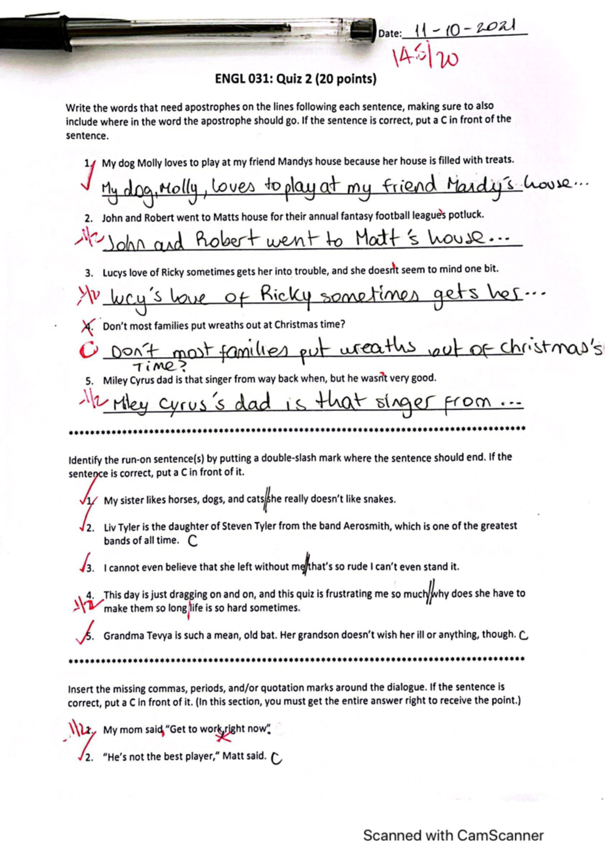 Engl 131 Quiz 2 - Apostrophes, Punctuation, and Comma Corrections - Studocu