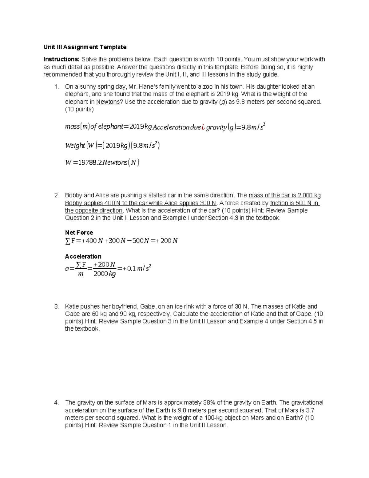 Unit III Physics Assignment Template: Solve Force & Motion Problems - Studocu