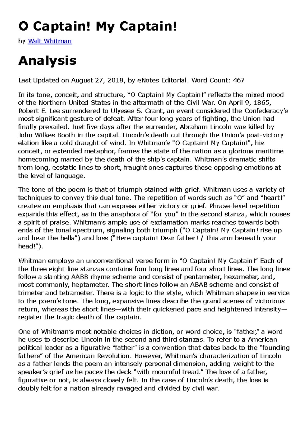 O Captain! My Captain! – Analysis Notes (eNotes) - Studocu