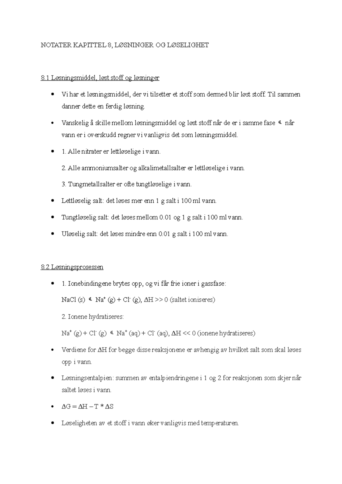 Notater Kapittel 8, Løsninger og Løselighet - NOTATER KAPITTEL 8, LØSNINGER OG LØSELIGHET 8 ...