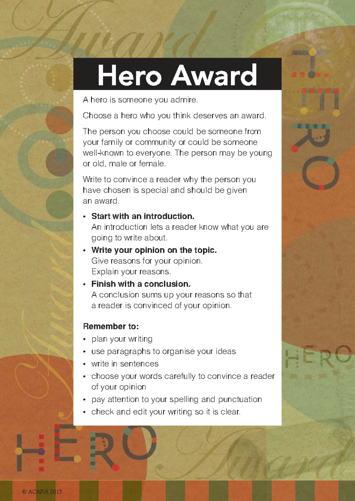 Naplan 2013 Final Test Writing Prompt: Hero Award Essay - Studocu