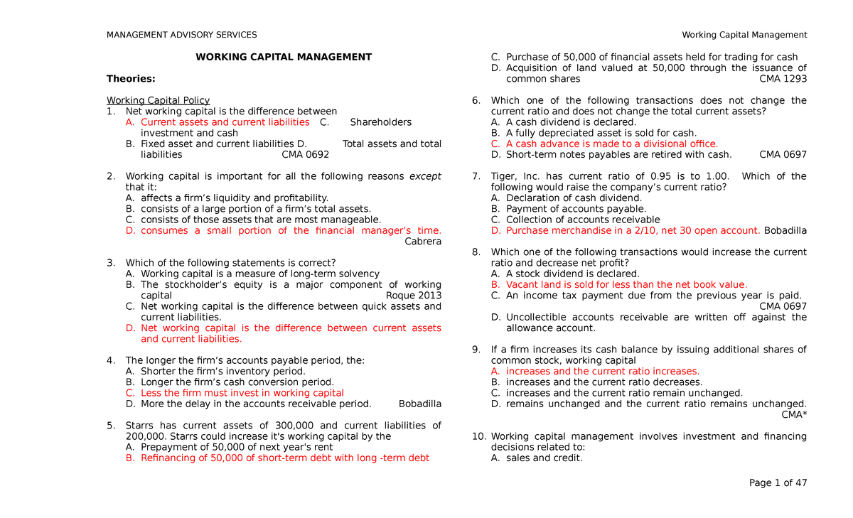 11200 Working Capital Management Study Guide and Key Concepts - Studocu