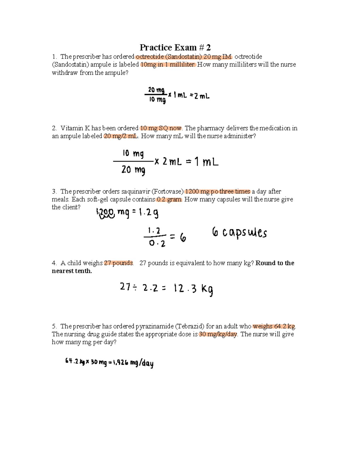 Drug Calculation Practice Exam 2: Dosage & IV Infusion Problems - Studocu