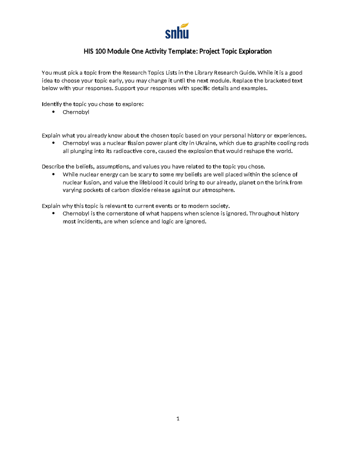 HIS 100 Module One Activity: Chernobyl Project Exploration Template - Studocu