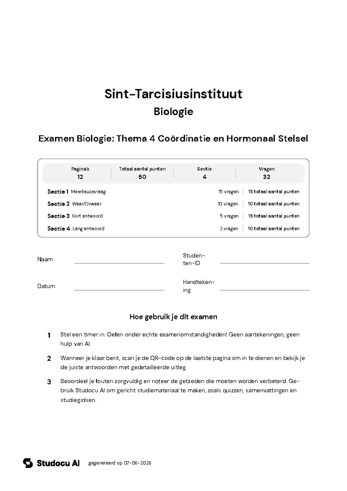 Examen Biologie: Thema 4 Coördinatie en Hormonaal Stelsel - Studocu