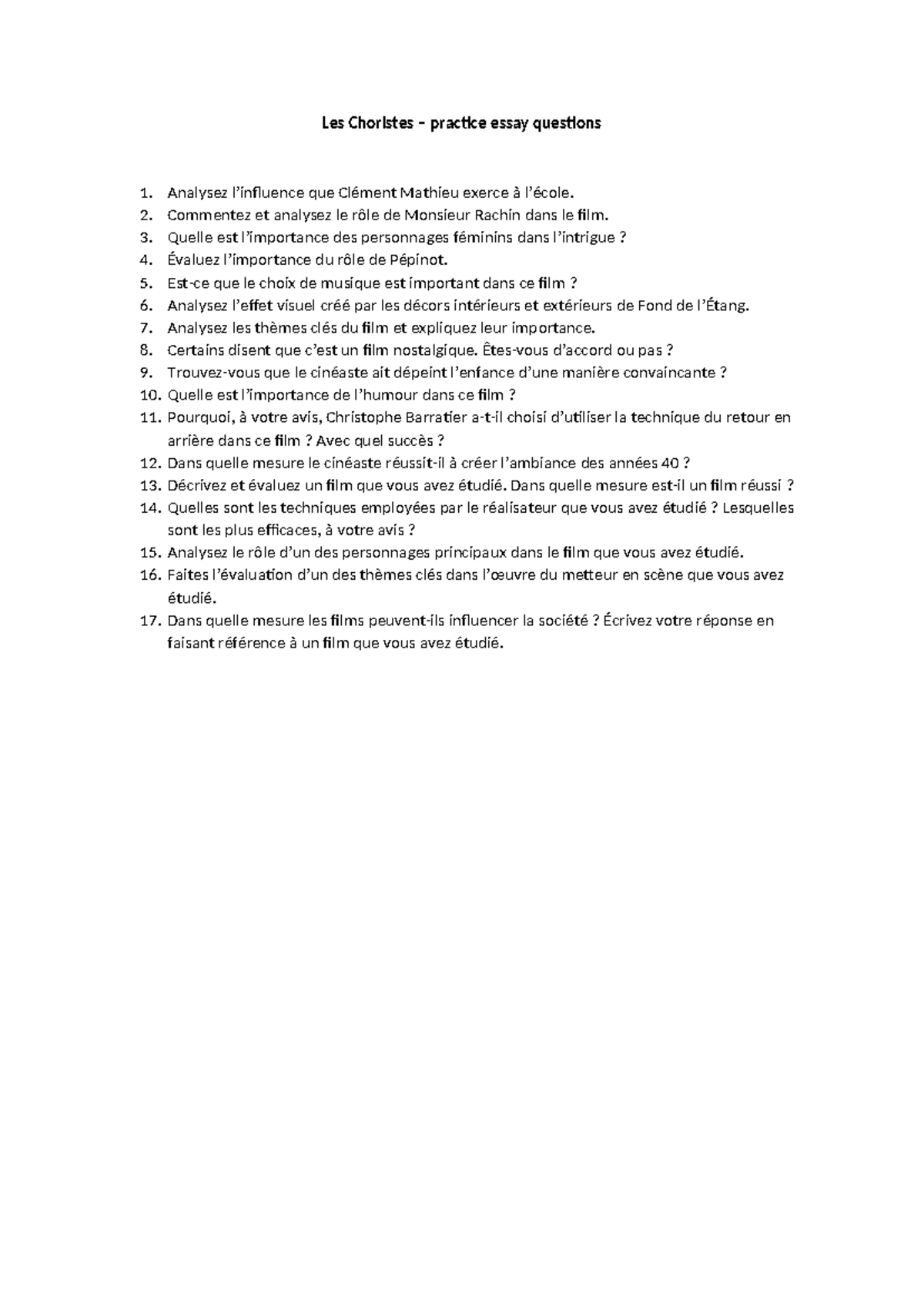 Les Choristes (Film) - Questions de Pratique pour Essai - Studocu