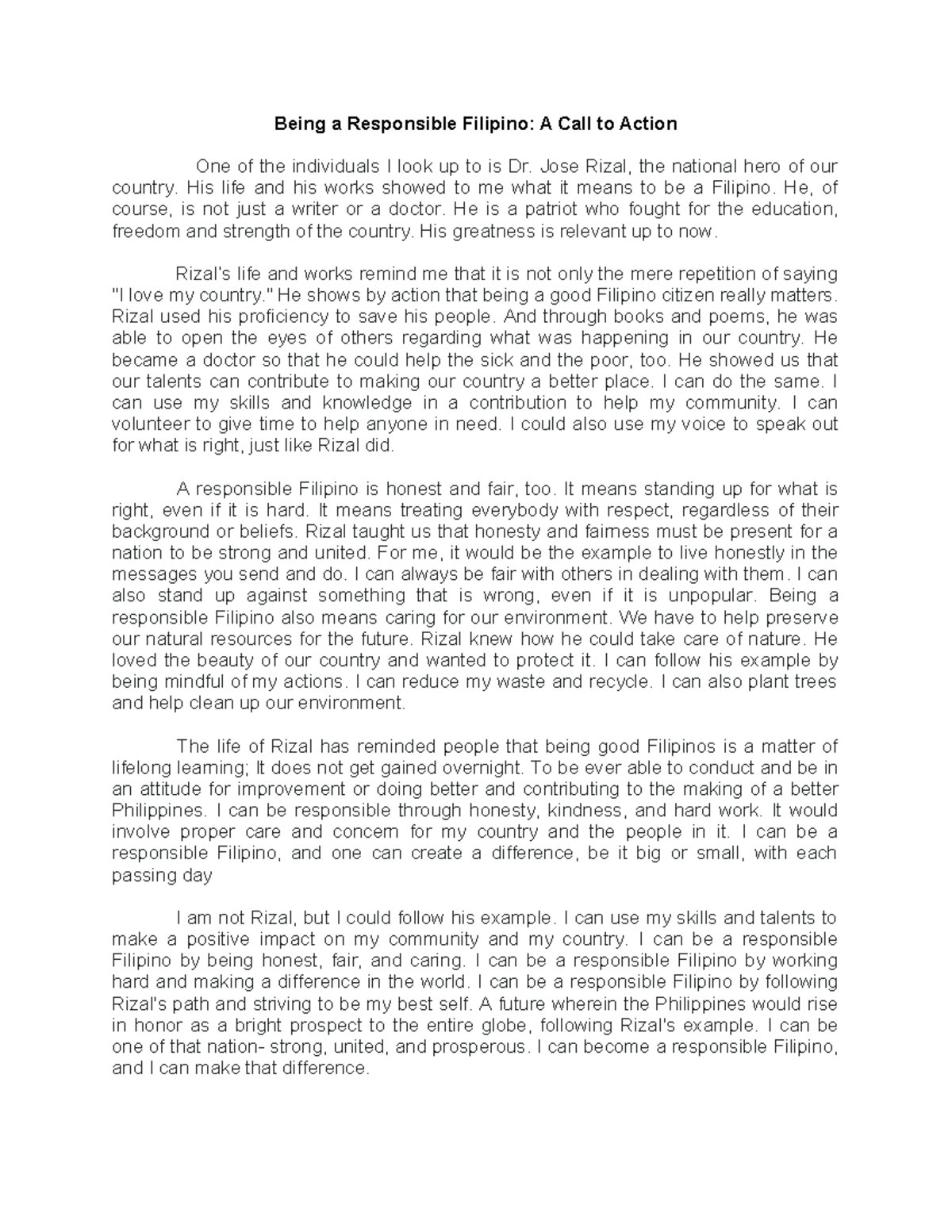 ENG 101 - Essay: Being a Responsible Filipino Inspired by Rizal - Studocu