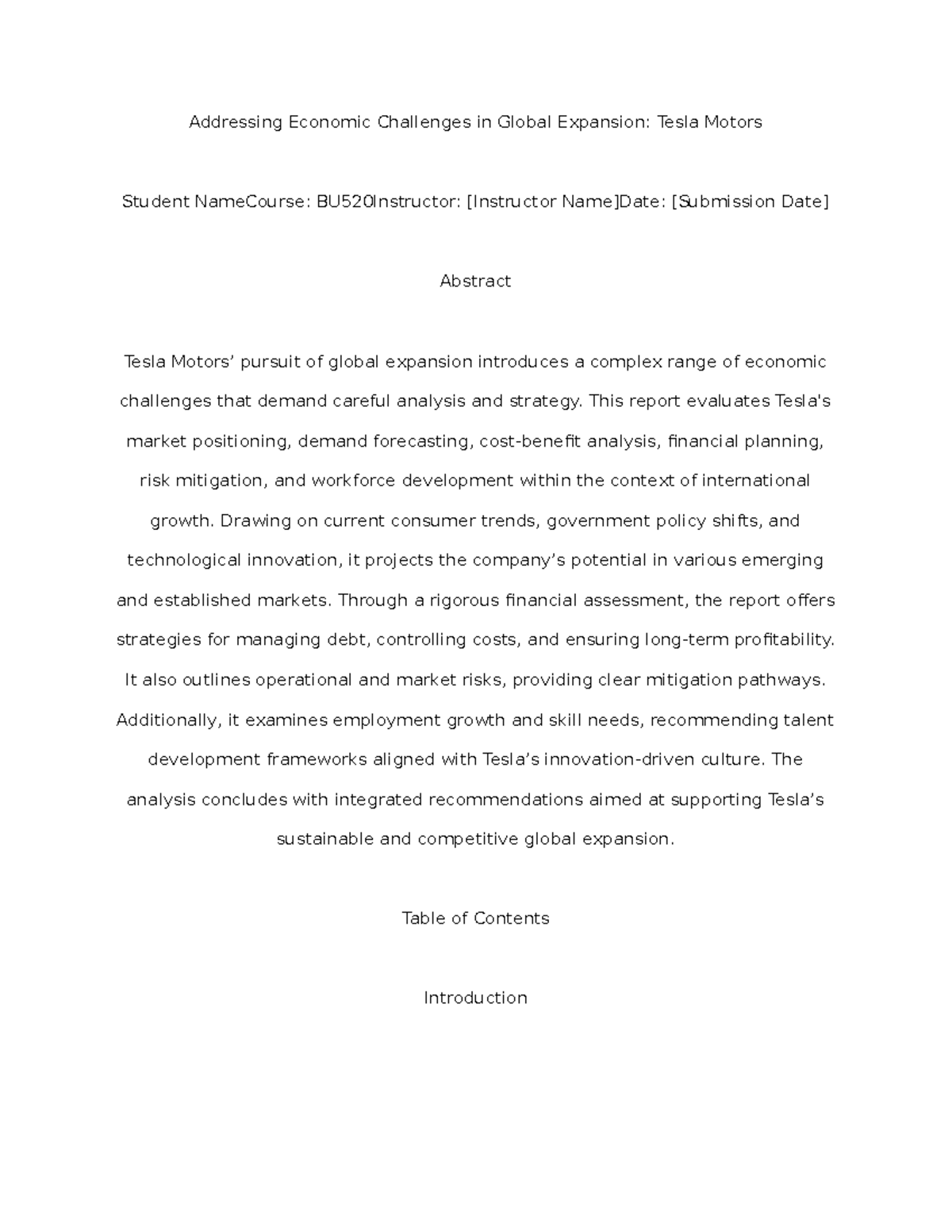 Addressing Economic Challenges in Global Expansion: Tesla Motors BU520 ...