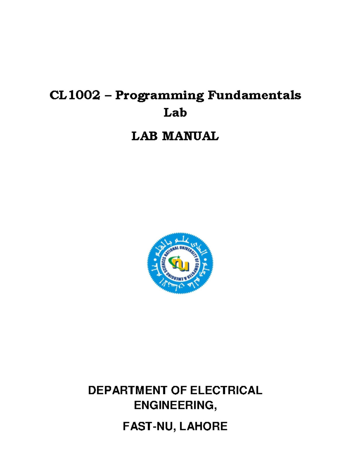 CL1002 - Programming Fundamentals Lab Manual with Experiments ...