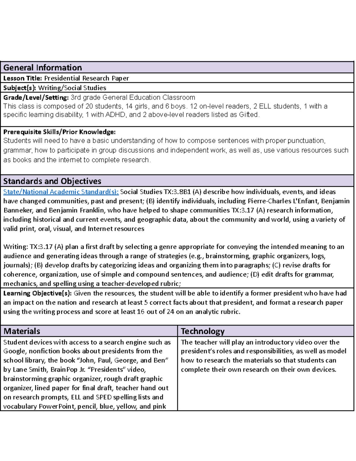 C732 Task 2 Writing - General Information Lesson Title: Presidential ...