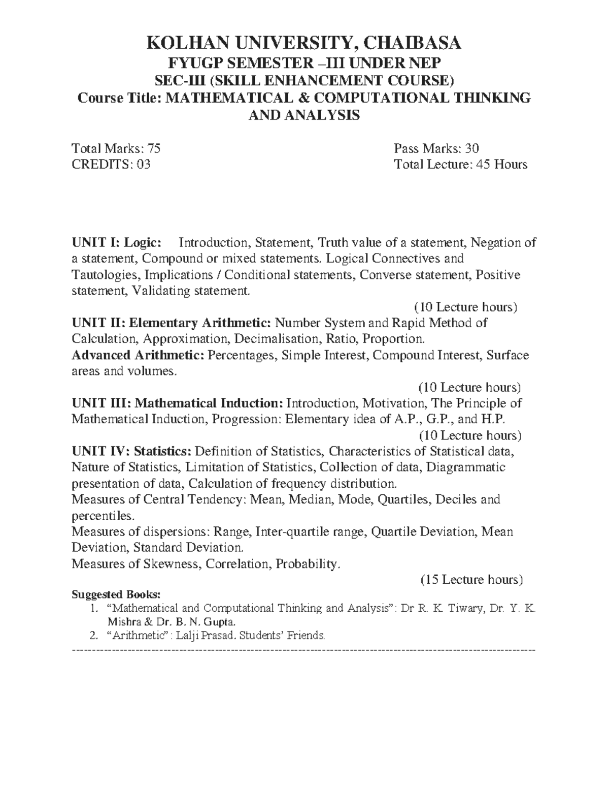 SEC-III Mathematical & Computational Thinking Course Overview - Studocu