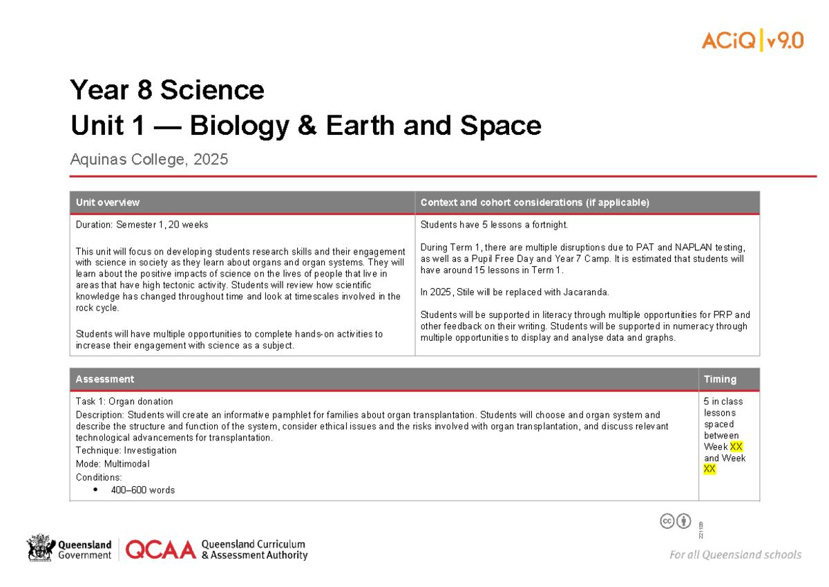 Year 8 Science Unit Plan: Biology & Earth/Space - Aquinas College 2025 ...