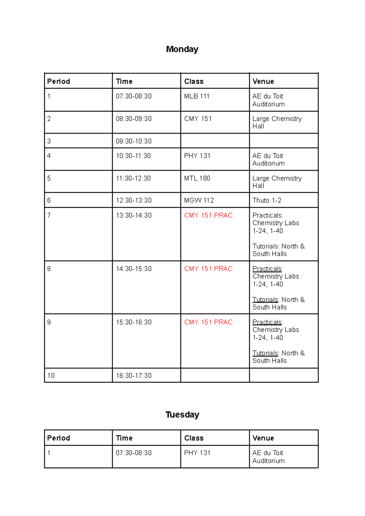 Timetable for Classes - Weekday Schedule 2024 - Studocu