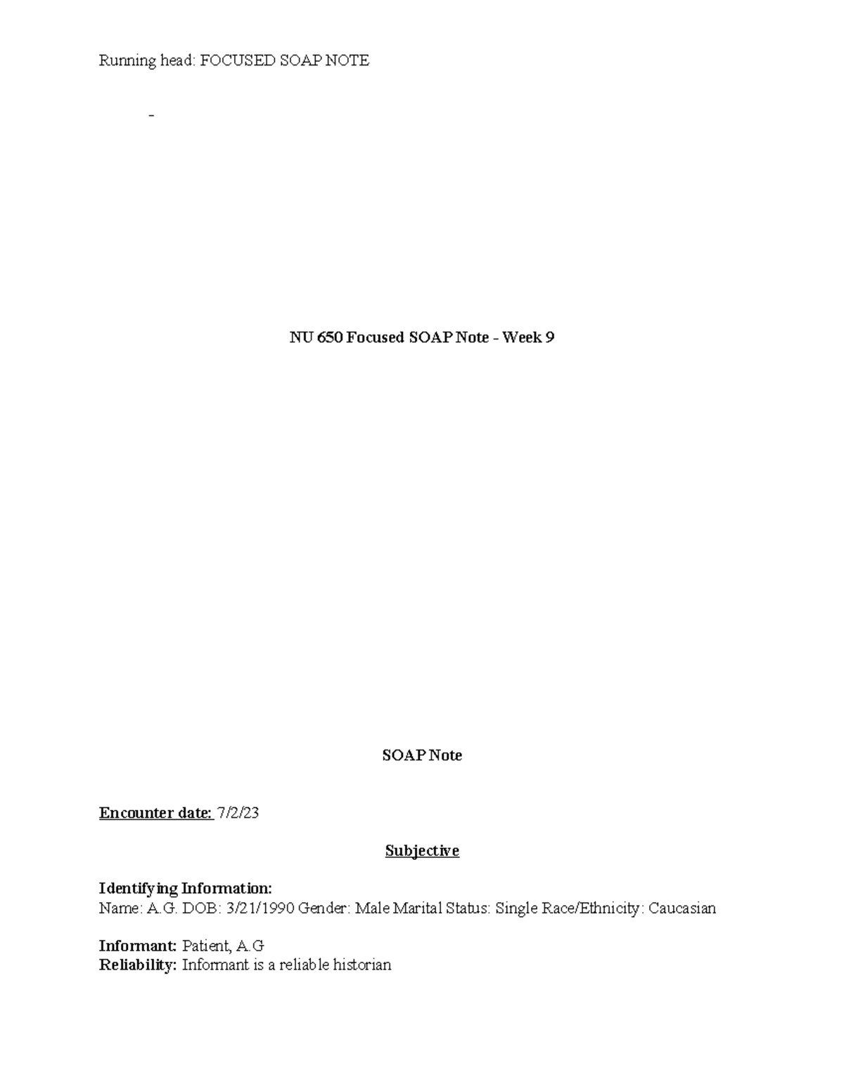 NU 650 Focused SOAP Note: Case of Acute Gastritis Evaluation - Studocu