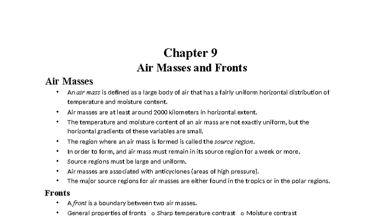 Chapter 9: Air Masses and Fronts - Weather Patterns Explained - Studocu