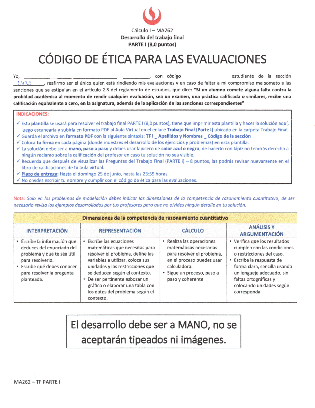 Desarrollo del Trabajo Final MA262 TF PARTE I (2023-1) - Cálculo - Studocu