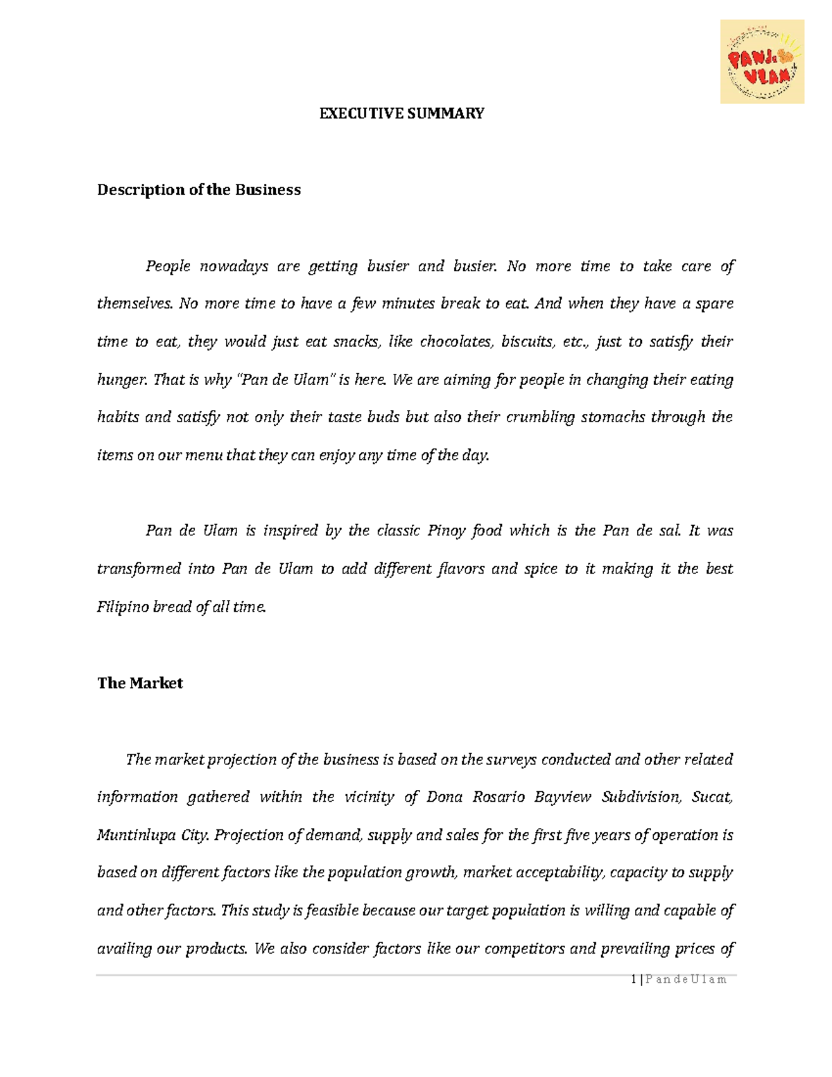 Feasibility Study for Pan de Ulam Business in Muntinlupa City - Studocu