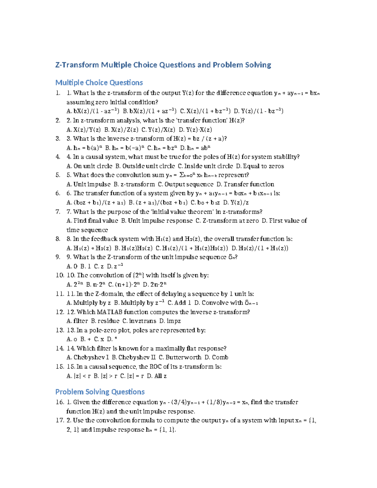 Z Transform MCQs and Problem Solving (Course Code: ZT101) - Studocu