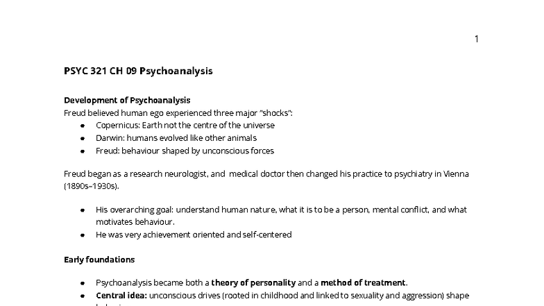 PSYC 321 CH 09 Psychoanalysis: Freud's Theories & Key Concepts - Studocu