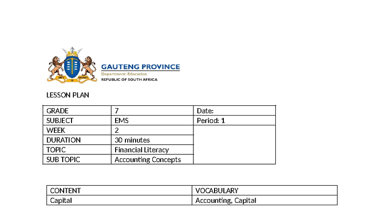 EMS 7 Lesson Plan: Financial Literacy & Accounting Concepts - Studocu