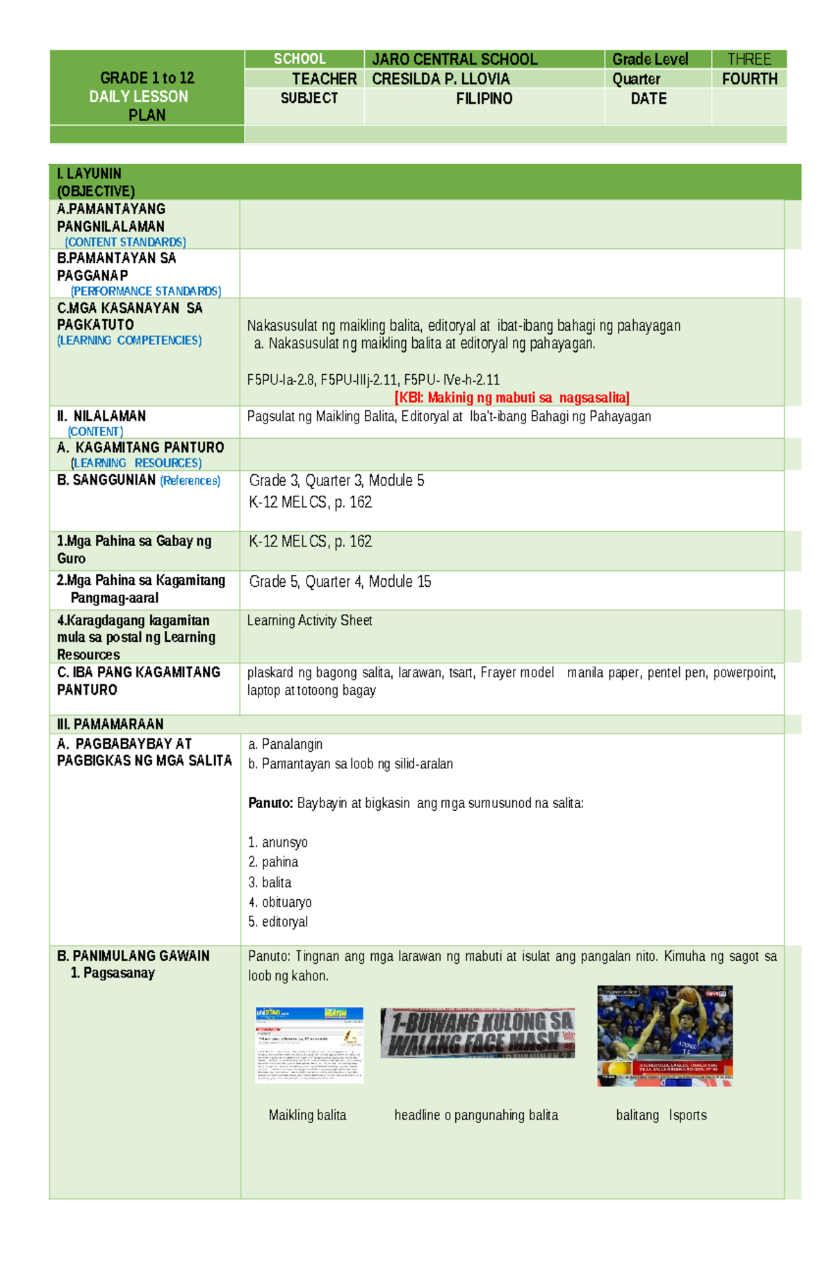 Nakasusulat ng ibat-ibang bahagi ng ppahayagan - GRADE 1 to 12 DAILY ...