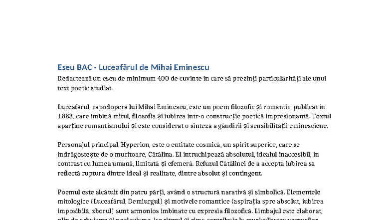 Eseu BAC 3 - Particularități ale Luceafărului lui Mihai Eminescu - Studocu
