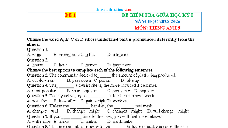 ĐỀ KIỂM TRA GIỮA HỌC KỲ I NĂM HỌC MÔN: TIẾNG ANH 9 - Global Midterm ...