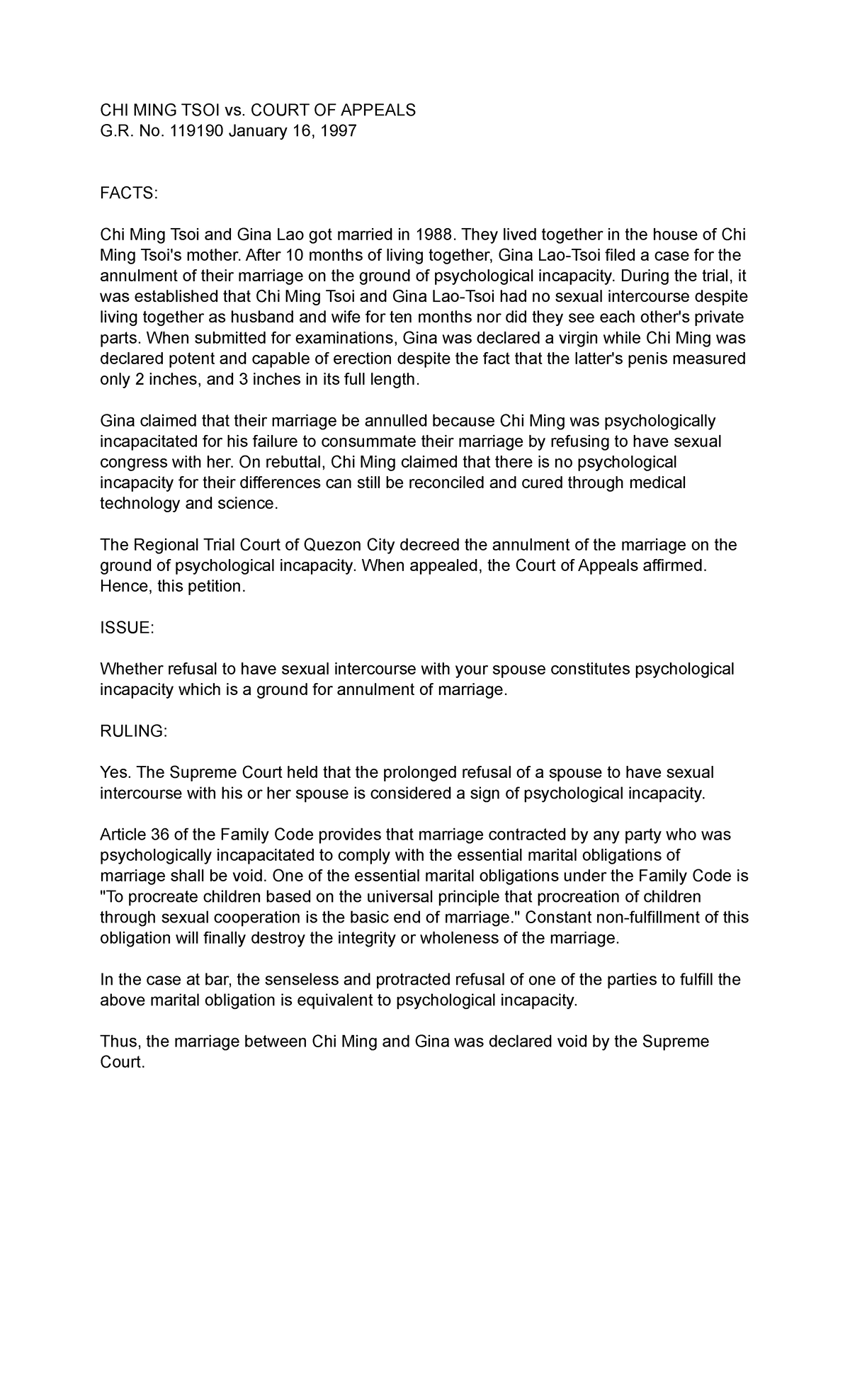 Case Digest: Chi Ming Tsoi vs. Court of Appeals G.R. No. 119190 (1997 ...