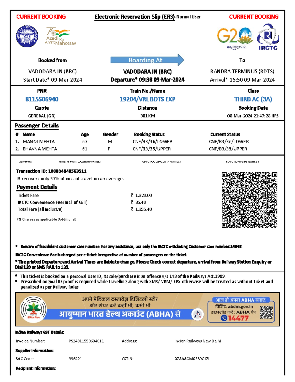 Electronic Reservation Slip for Train 8115506940 - Studocu