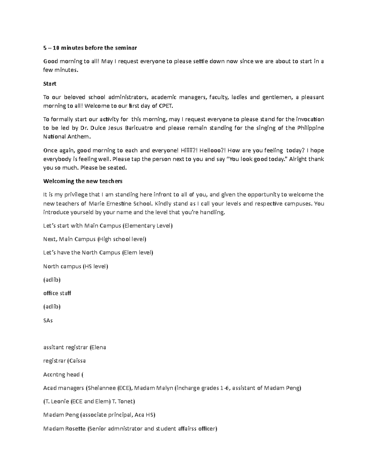 Emcee Script - Ms. Hannah - 5 – 10 minutes before the seminar Good ...