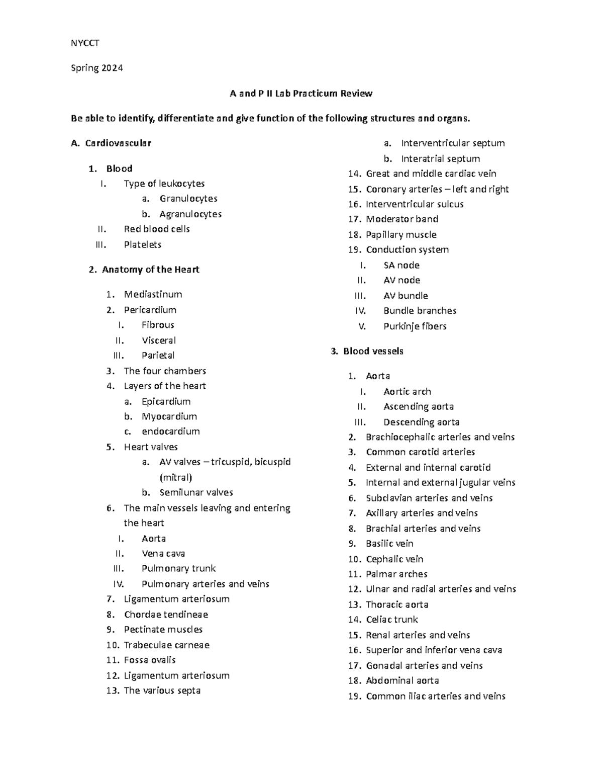 A and P II Lab Practicum List of Organs and Structures - NYCCT Spring ...