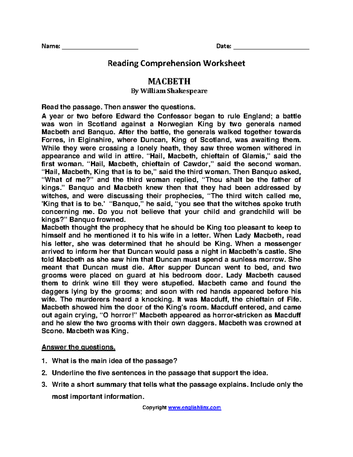 8th Grade MACBETH Reading Comprehension Worksheet - Studocu