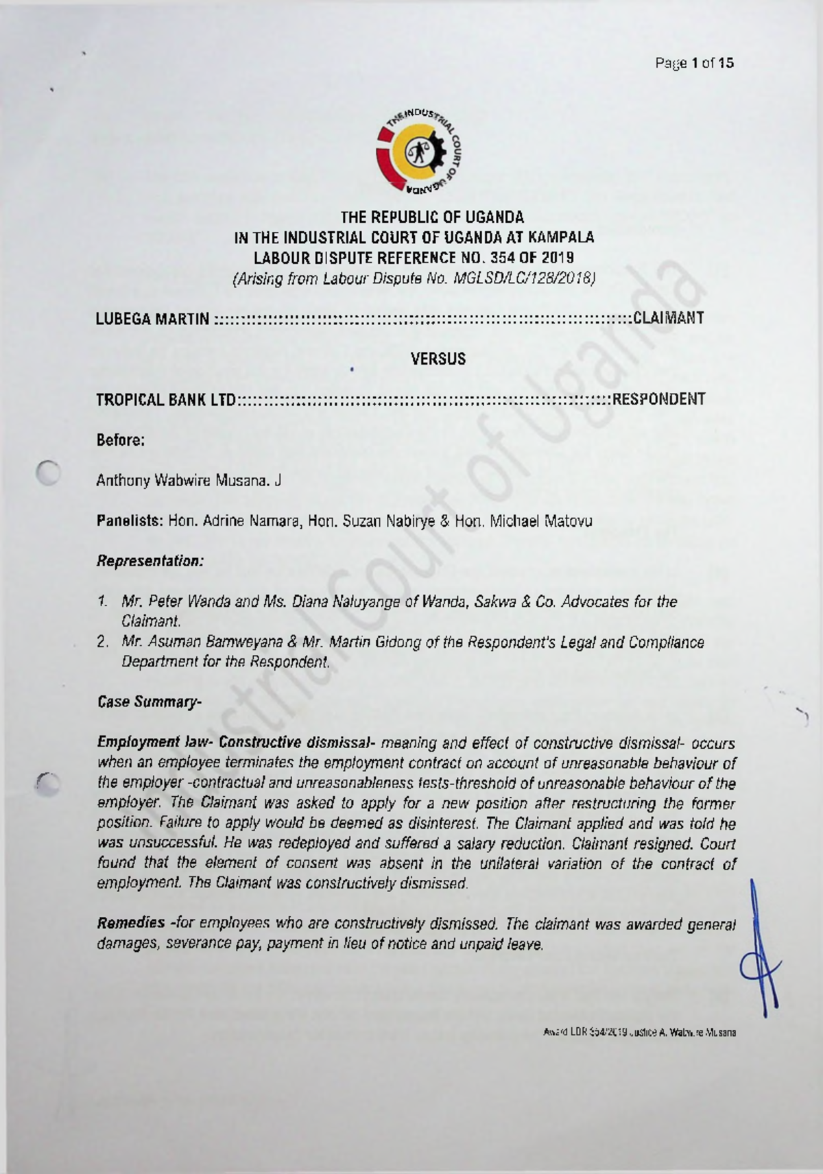 Lubega v Tropical Bank Ltd: Constructive Dismissal Analysis (2024 UGIC ...