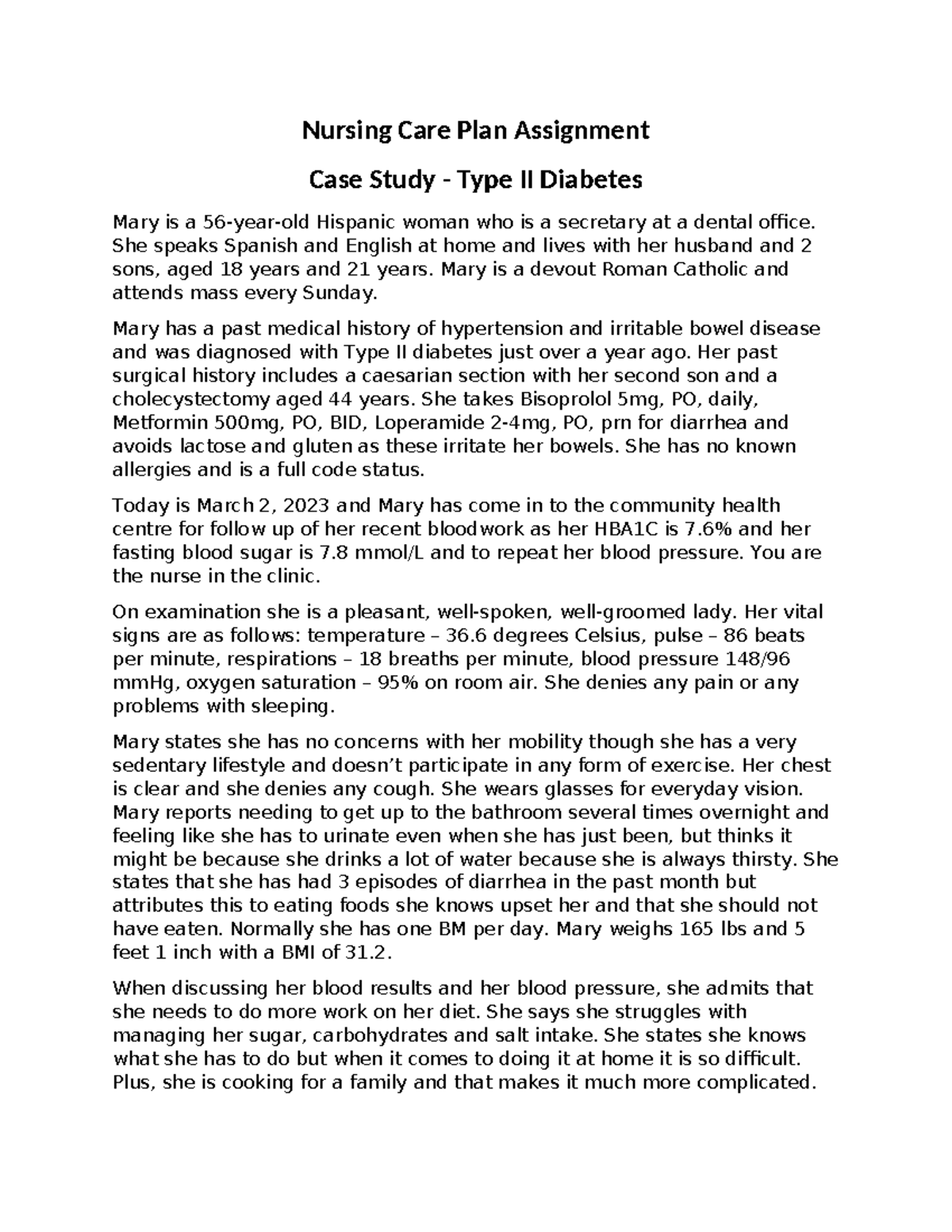 Nursing Care Plan Assignment Case Study - Type II Diabetes (Fall 2023 ...