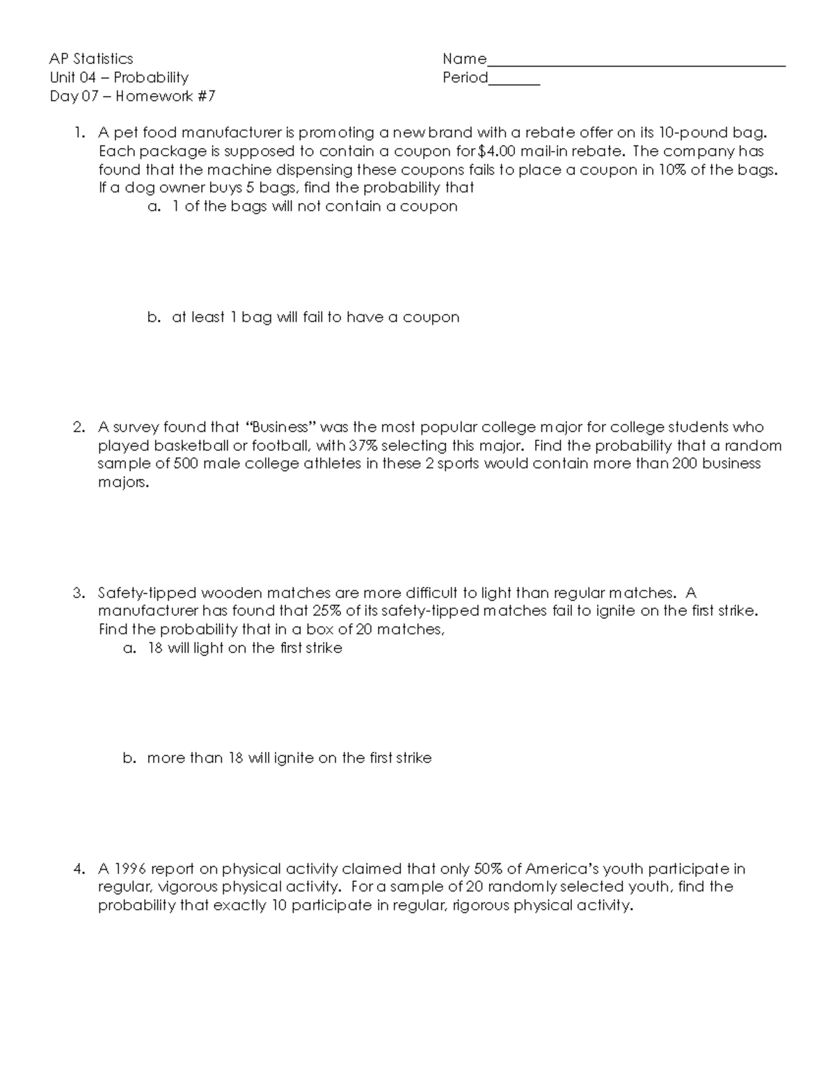 Binomial - ANSWERS - AP Statistics Name Unit 0 4 – Probability Period ...