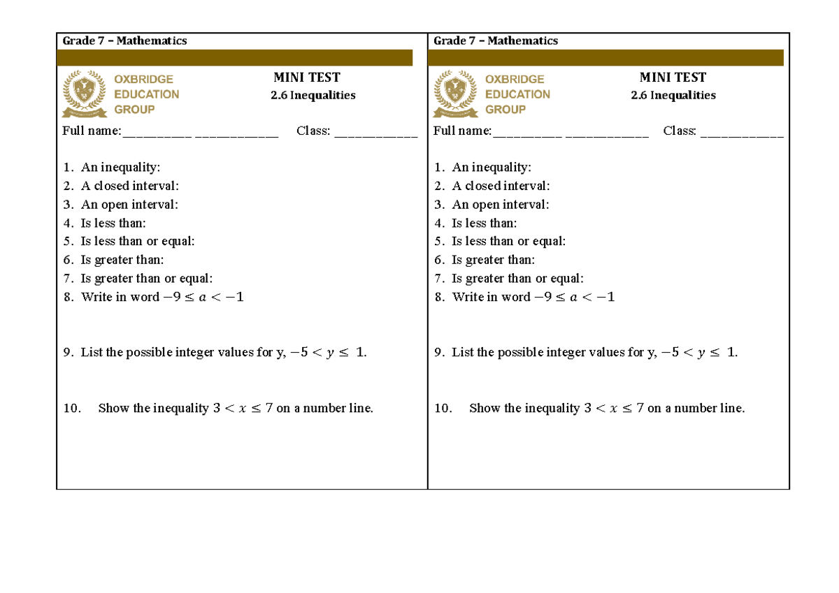 Grade 7 Math Mini Test 2.6: Understanding Inequalities - Studocu