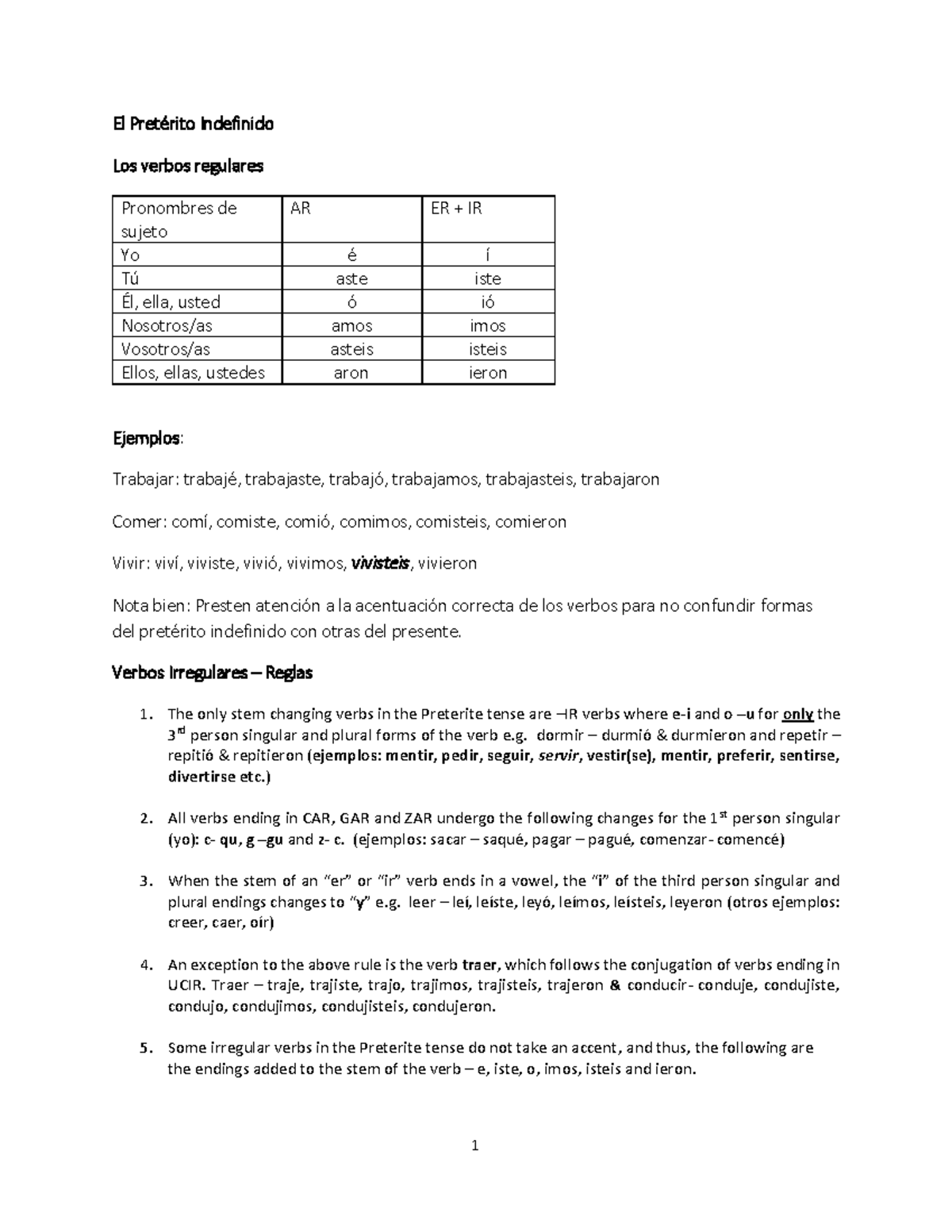 El Pretérito Indefinido: Apuntes de Verbos Regulares e Irregulares ...